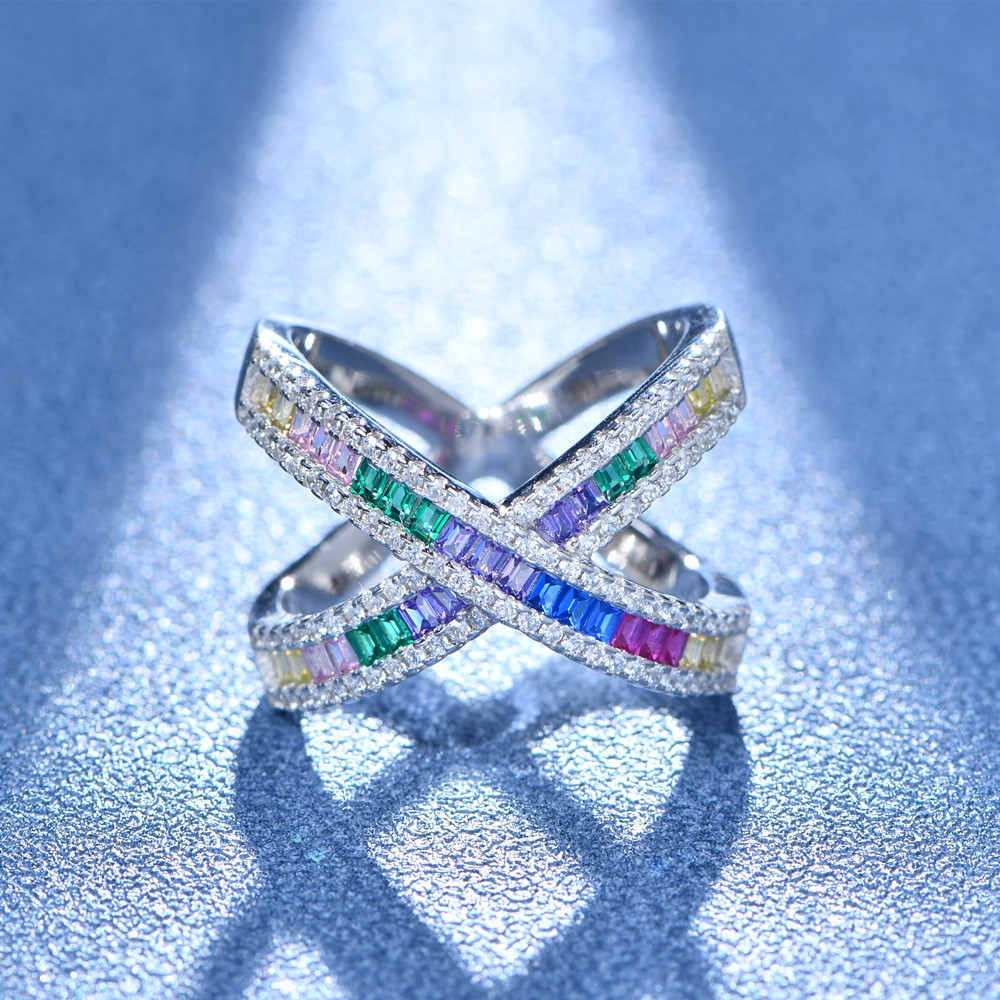 Wide Shank Rainbow Sapphire Cross Ring | SayaBling