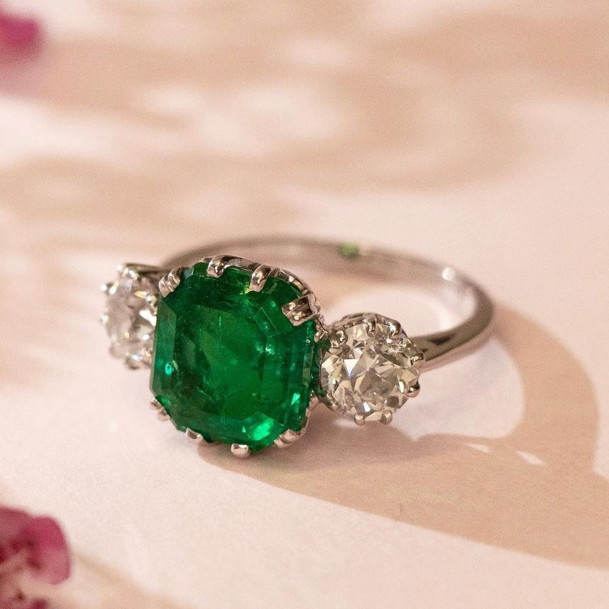 12ct Asscher Cut Emerald Three Stone Engagement Ring | SayaBling