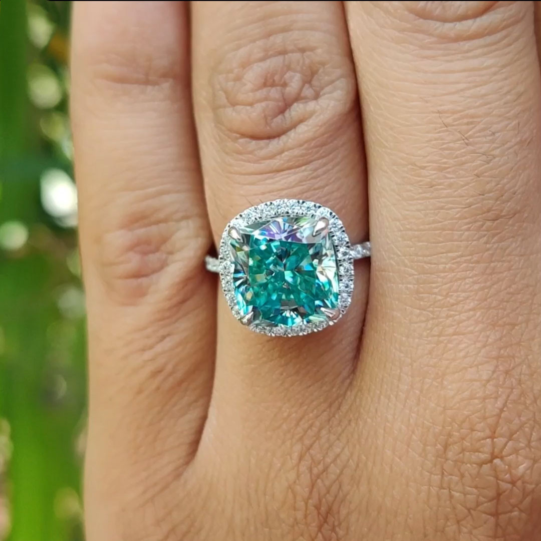 5.6ct Cushion Cut Cyan Blue Sapphire Engagement Ring | SayaBling