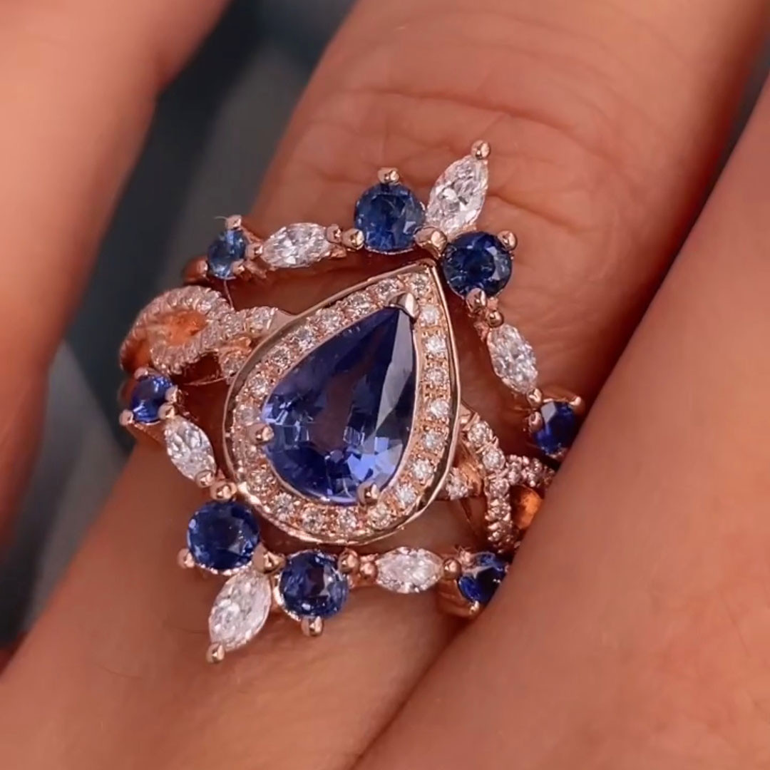 Pear Cut Tanzanite Blue Sapphire Wedding Ring Set | SayaBling