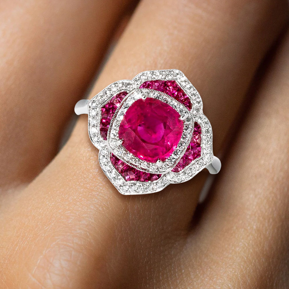 3ct Cushion Cut Ruby Rose Engagement Ring | SayaBling