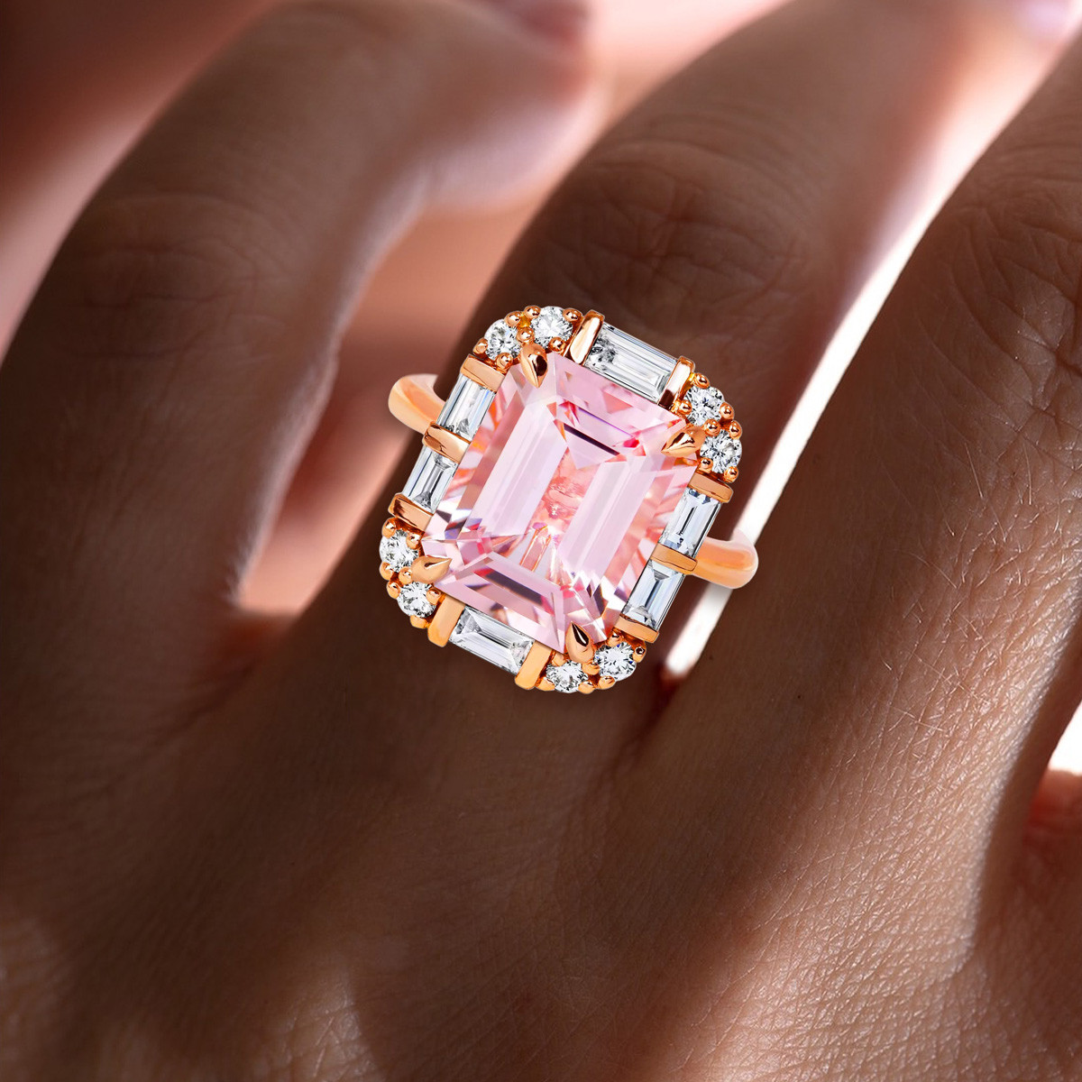 8.4ct Halo Emerald Cut Morganite Pink Sapphire Engagement Ring | SayaBling