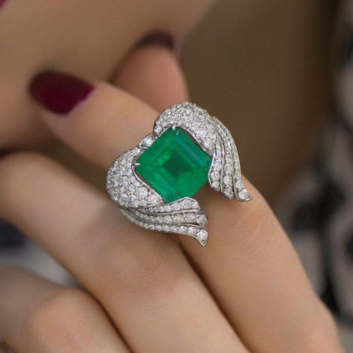4.1ct Asscher Cut Emerald Angel Wing Cocktail Ring | SayaBling