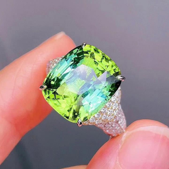 6ct Cushion Cut Green Sapphire Paved Engagement Ring | SayaBling