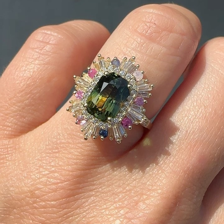 3.5ct Vintage Radiant Cut Yellow-Green Tourmaline Engagement Ring ...