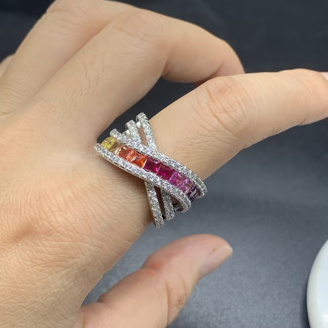 Pincess Cut Multicolor Sapphire Rainbow Cocktail Ring | SayaBling Jewelry