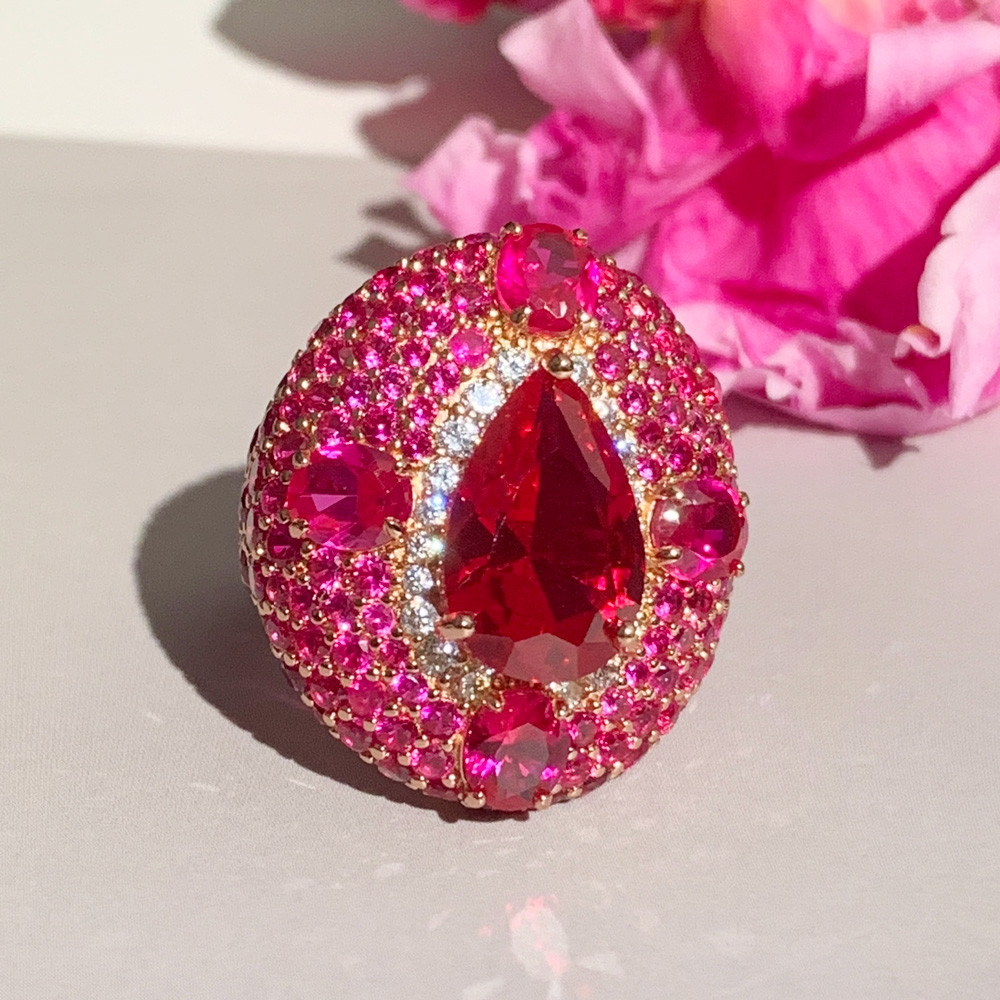 5.8ct Oval Cut Ruby Allover Paved Vintage Cocktail Ring | SayaBling