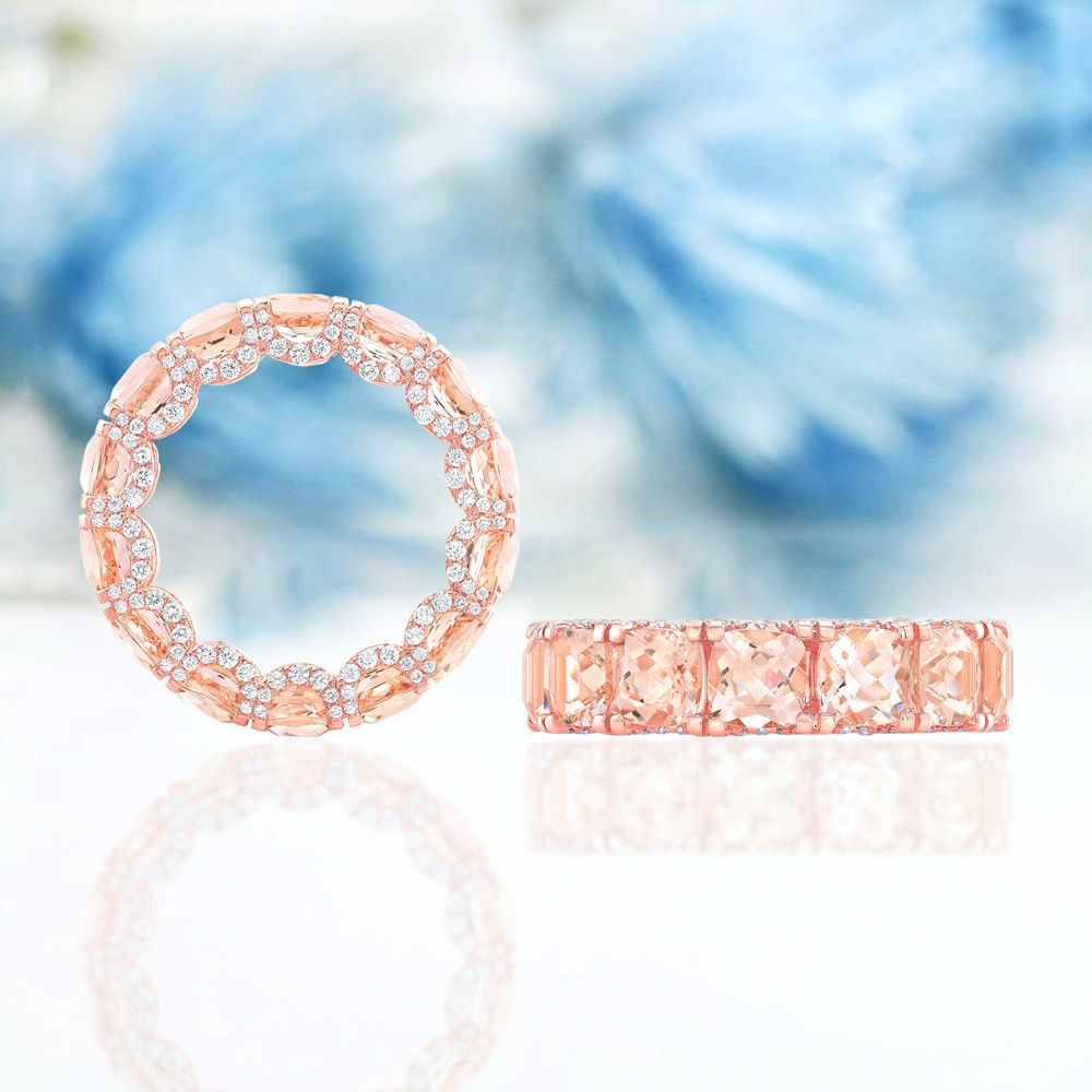 10ctw Cushion Cut Morganite Pink Sapphire Eternity Ring | SayaBling