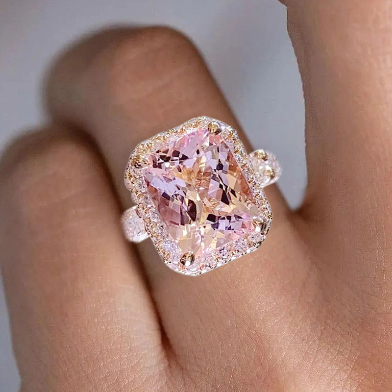 6ct Cushion Cut Morganite Pink Sapphire Halo Engagement Ring | SayaBling