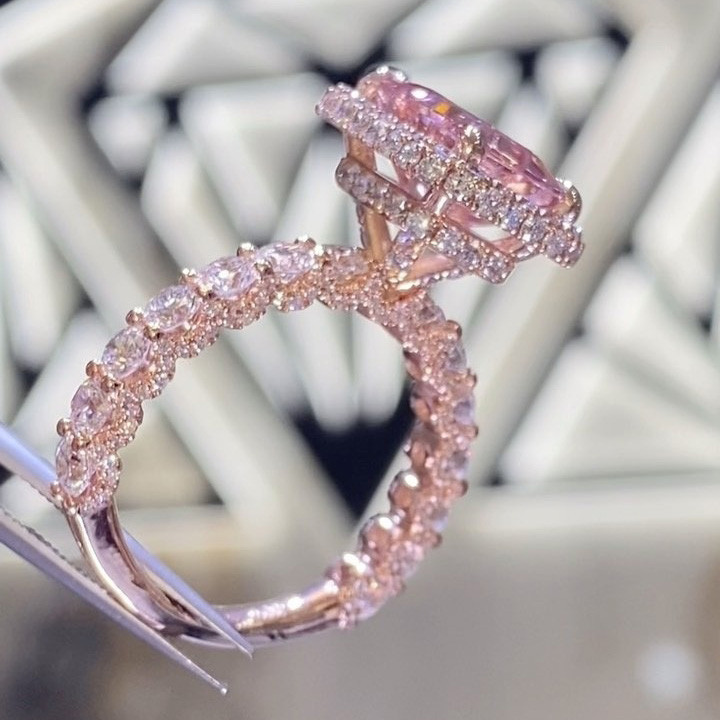 6ct Emerald Cut Morganite Pink Sapphire Halo Engagement Ring | SayaBling