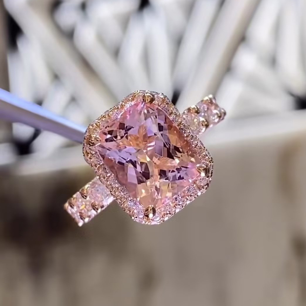 6ct Cushion Cut Morganite Pink Sapphire Halo Engagement Ring | SayaBling