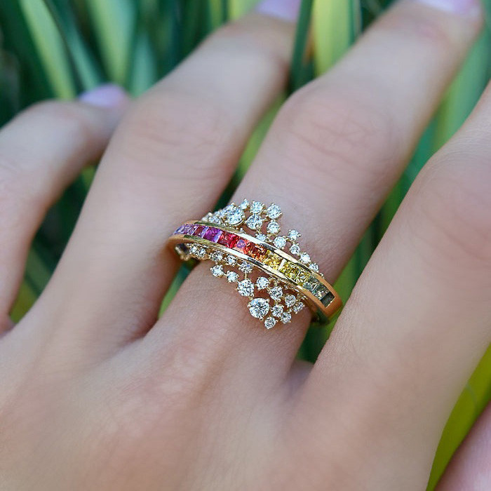3ctw Princess Cut Rainbow Sapphire Firework Ring | SayaBling