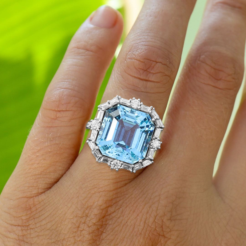 10ct Asscher Cut Aquamarine Vintage Halo Cocktail Ring | SayaBling