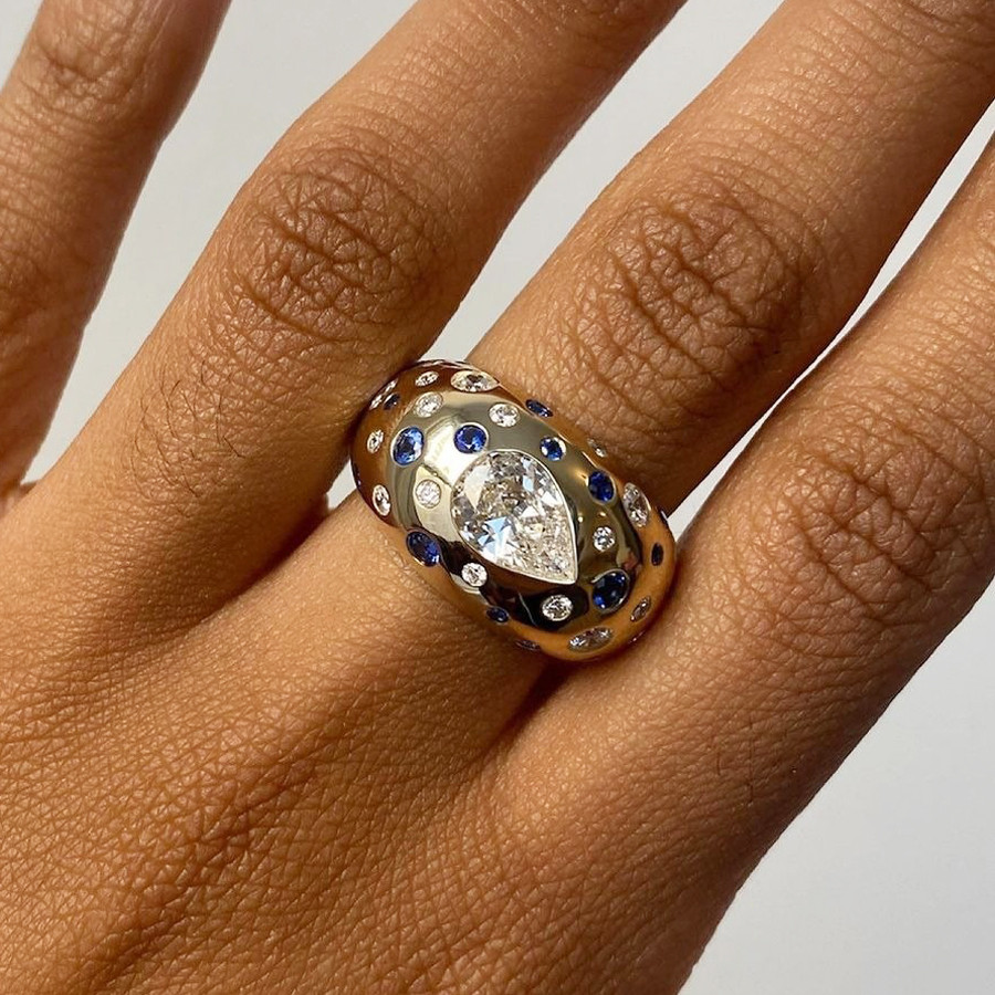 3ct Pear Cut Flush Set White and Blue Chunky Cocktail Ring | SayaBling ...