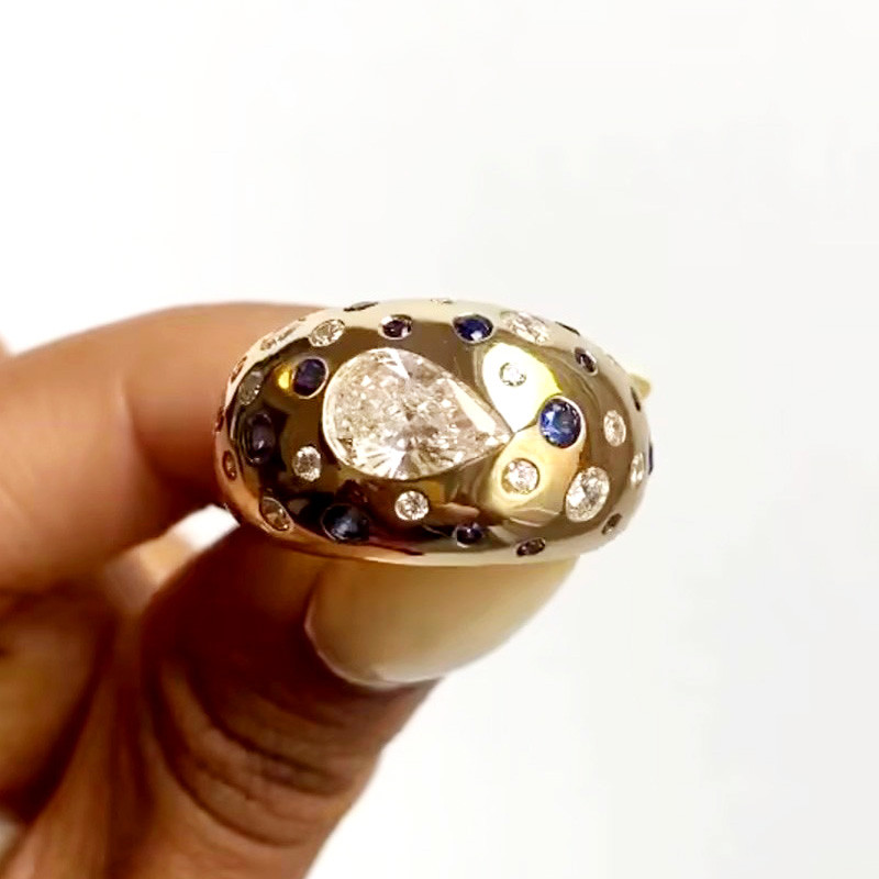 3ct Pear Cut Flush Set White and Blue Chunky Cocktail Ring | SayaBling