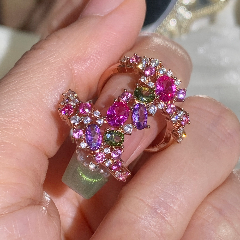 Ruby and Multicolor Sapphire Cluster Cocktail Ring | SayaBling