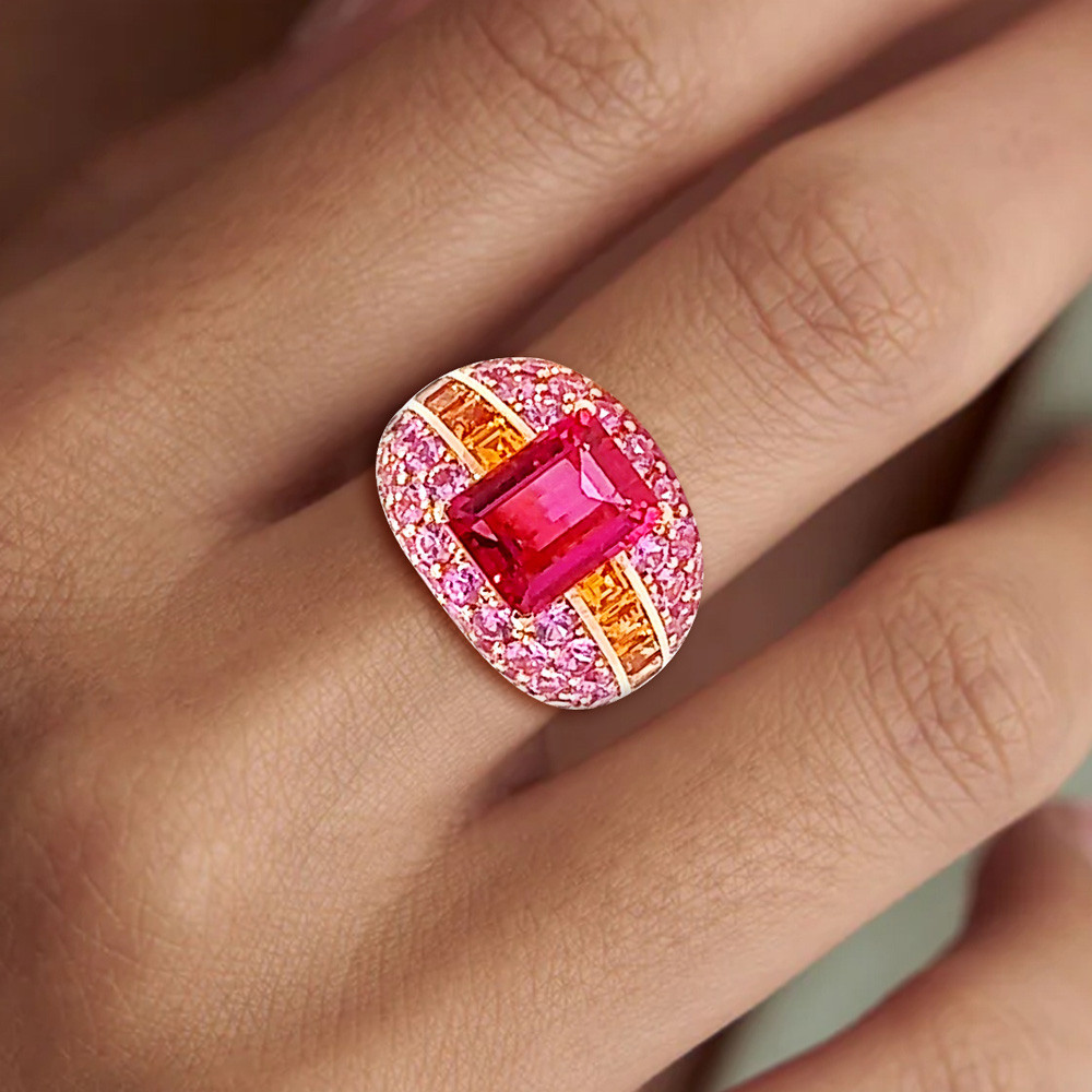 6ct Emerald Cut Fuchsia Pink Sapphire Cocktail Ring | SayaBling