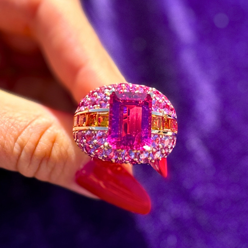 6ct Emerald Cut Fuchsia Pink Sapphire Cocktail Ring | SayaBling