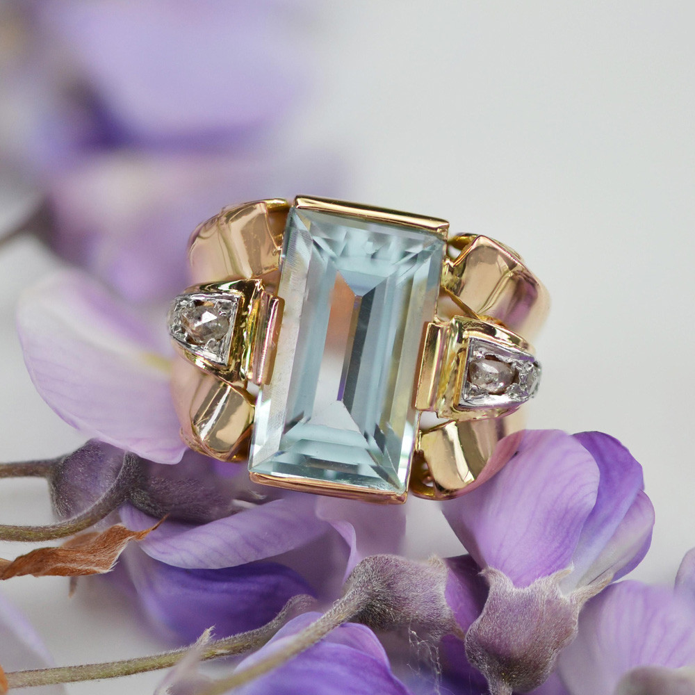 5ct Emerald Cut Aquamarine Retro Signet Cocktail Ring | SayaBling