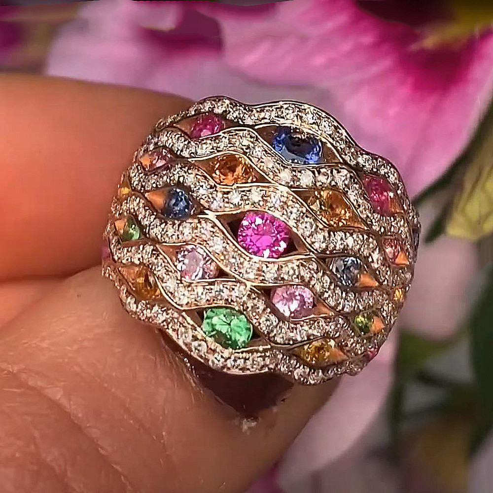 Round Cut Multicolor Sapphire Rainbow Cocktail Ring | SayaBling
