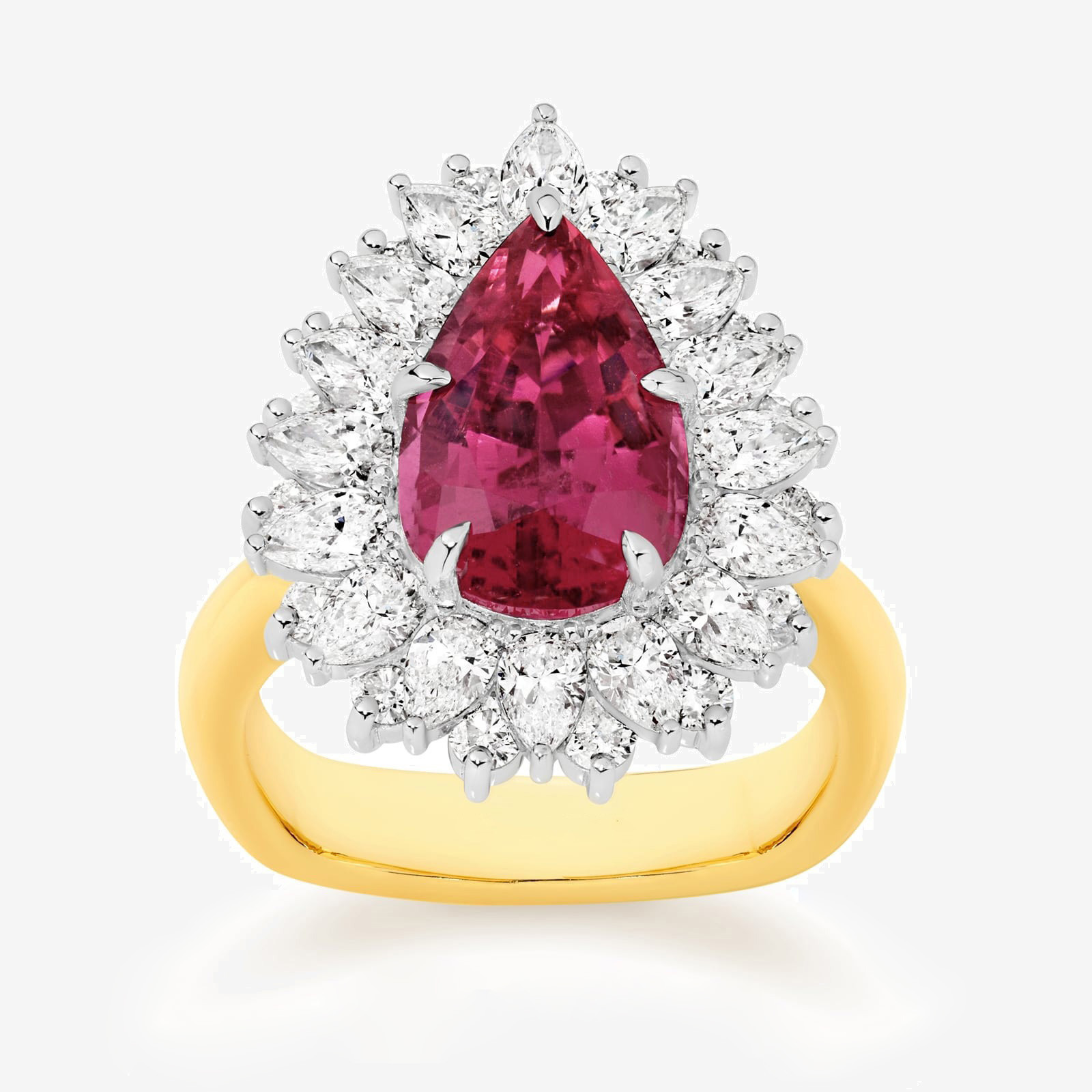 3ct Pear Cut Ruby European Shank Vintage Halo Cocktail Ring | SayaBling
