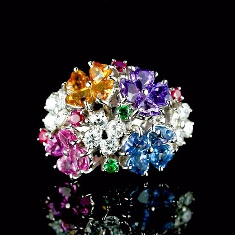 Nature-inspired Multicolor Sapphire Flower Cluster Cocktail Ring ...