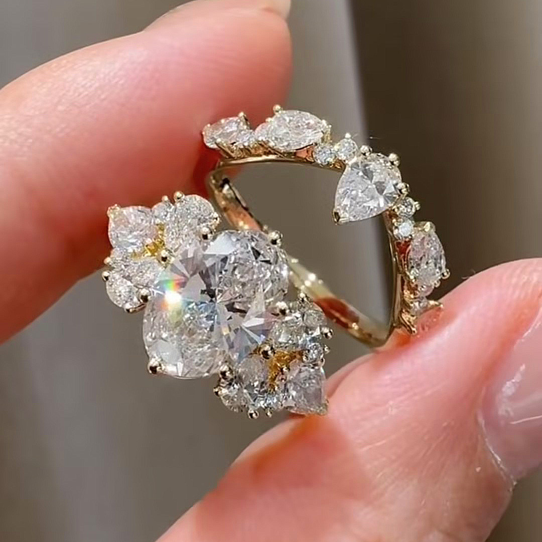 2.5ct Oval Cut Gold Tone Cluster Tiara Bridal Ring Set | SayaBling