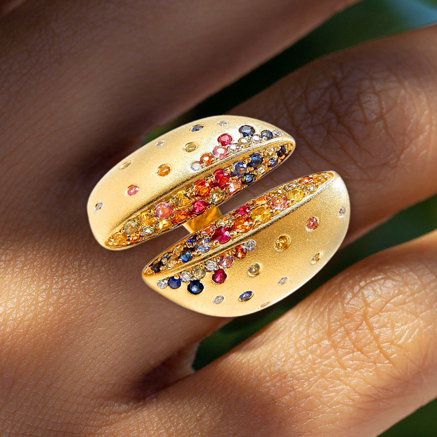 Flush Set Rainbow Sapphire Split Shank Cocktail Ring | SayaBling