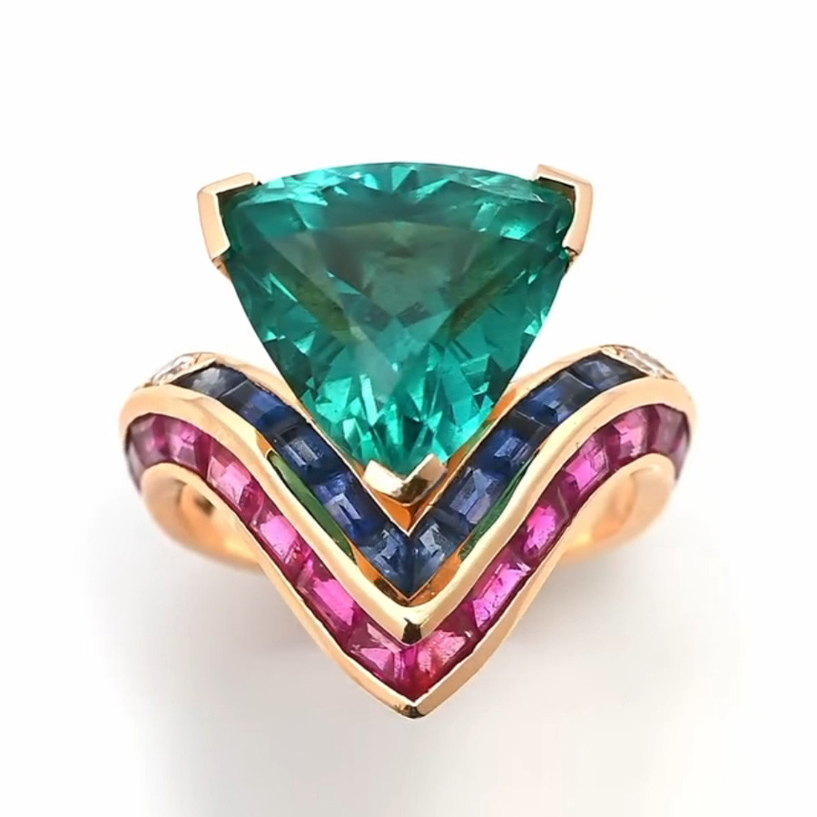 4ct Trillion Cut Emerald Multicolor Cocktail Ring | SayaBling
