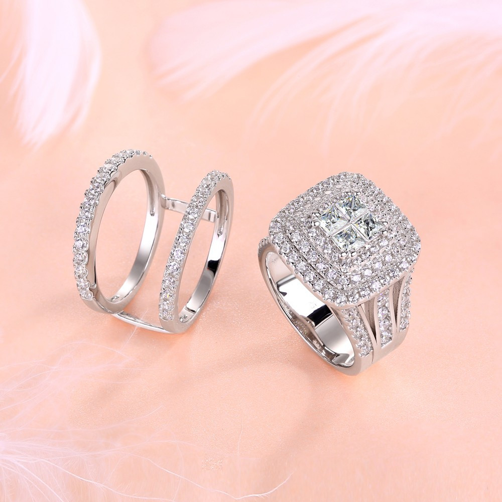 Princess Cut White Sapphire 3pcs Bridal Set in Sterling Silver | SayaBling