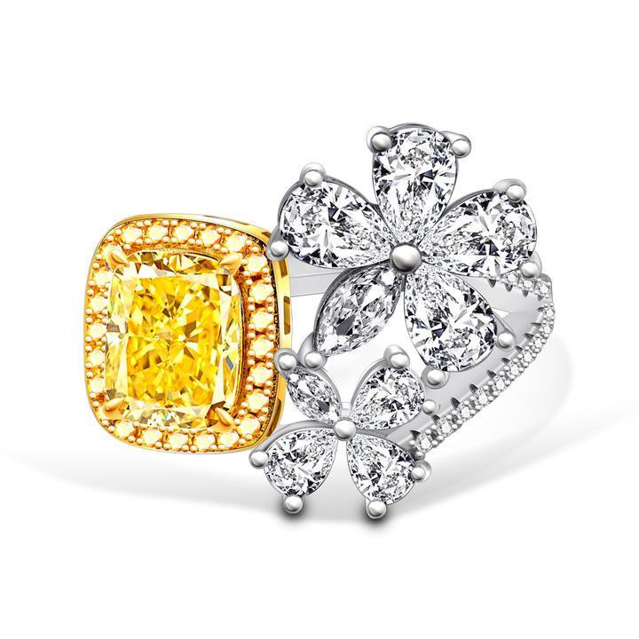 Radiant Cut Fancy Yellow Flowers Engagement Ring for Women | SayaBling