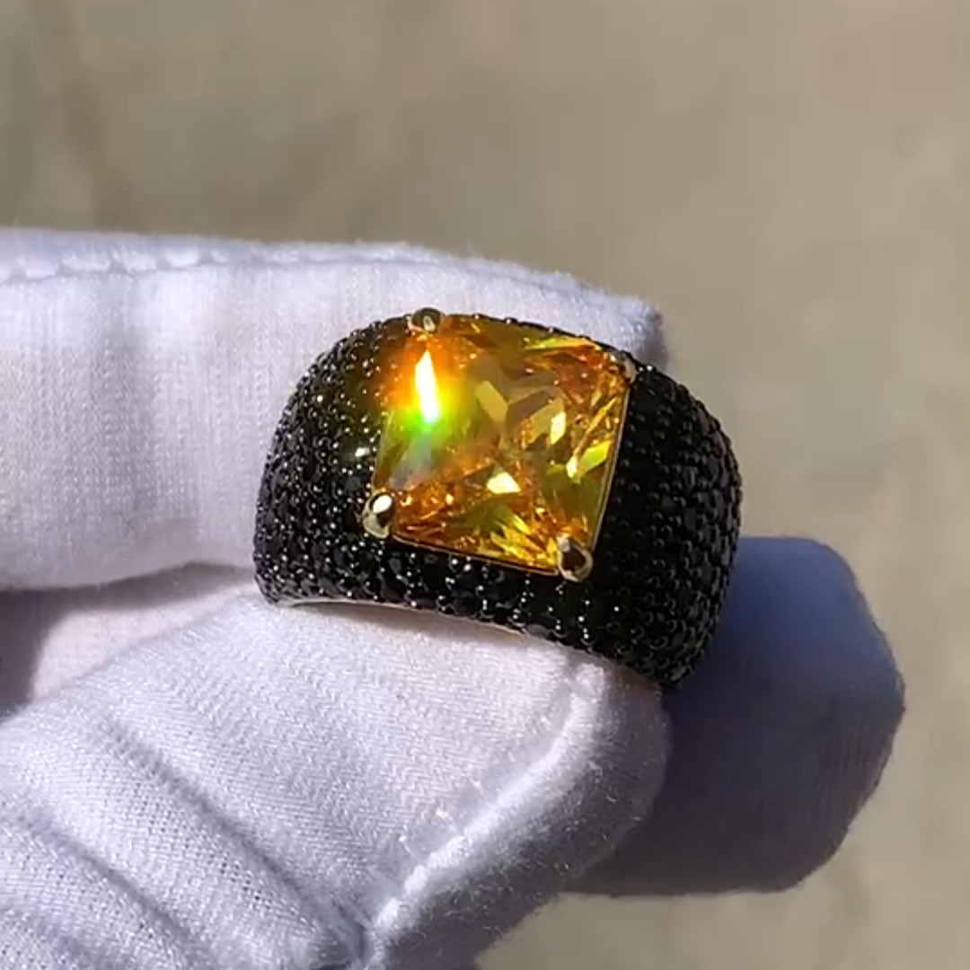 6.5ct Radiant Cut Yellow Sapphire Bold Paved Ring | SayaBling Jewelry