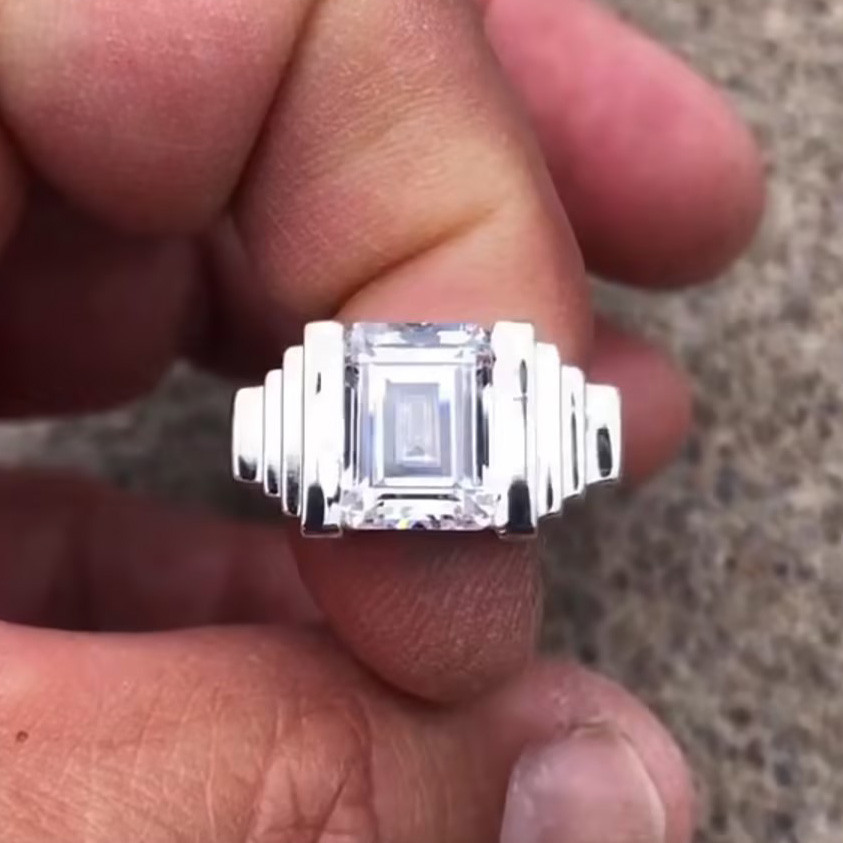 6ct Emerald Cut White Sapphire Mechanical Men's Ring | SayaBling