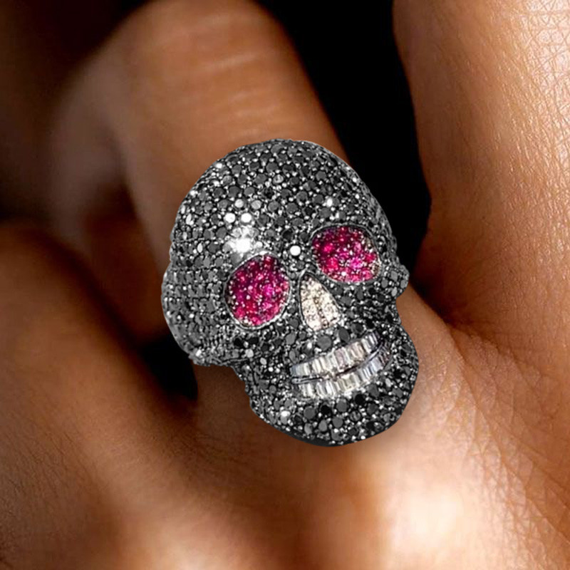 Ruby and Black Sapphire Paved Skull Ring | SayaBling