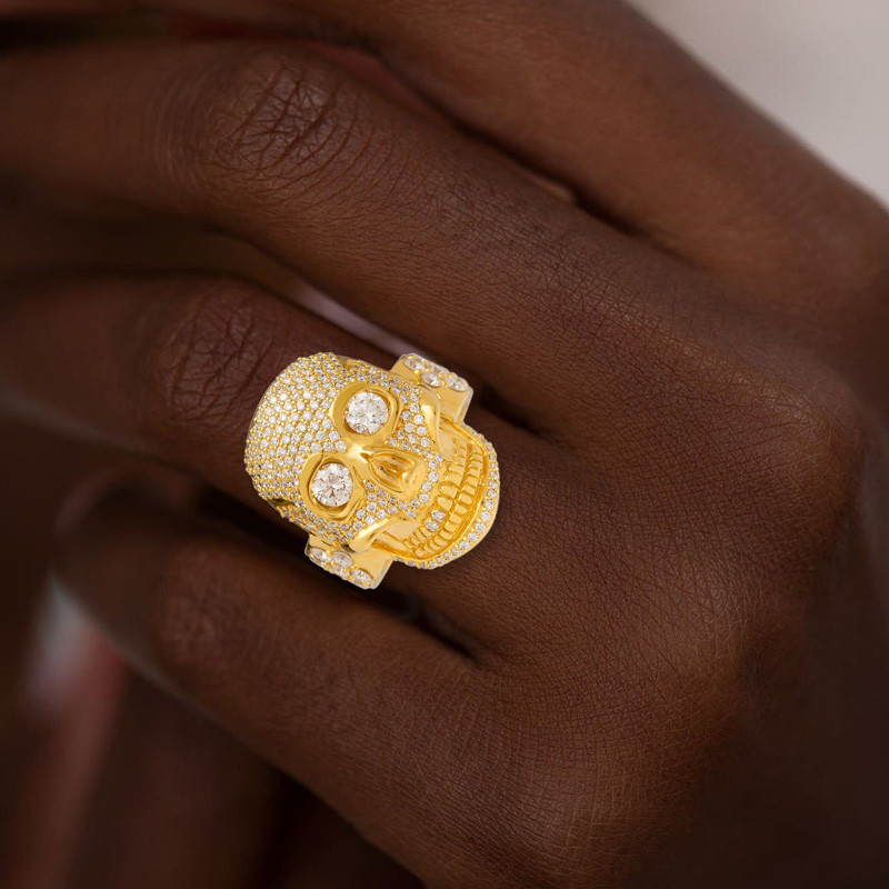 6ctw White Sapphire Paved Gold Tone Skull Ring | SayaBling