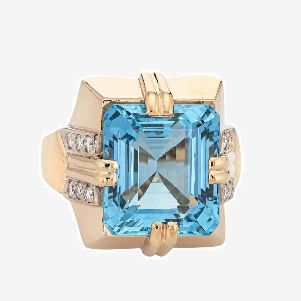 11ct Emerald Cut Aquamarine Art-Deco Bold Cocktail Ring | SayaBling