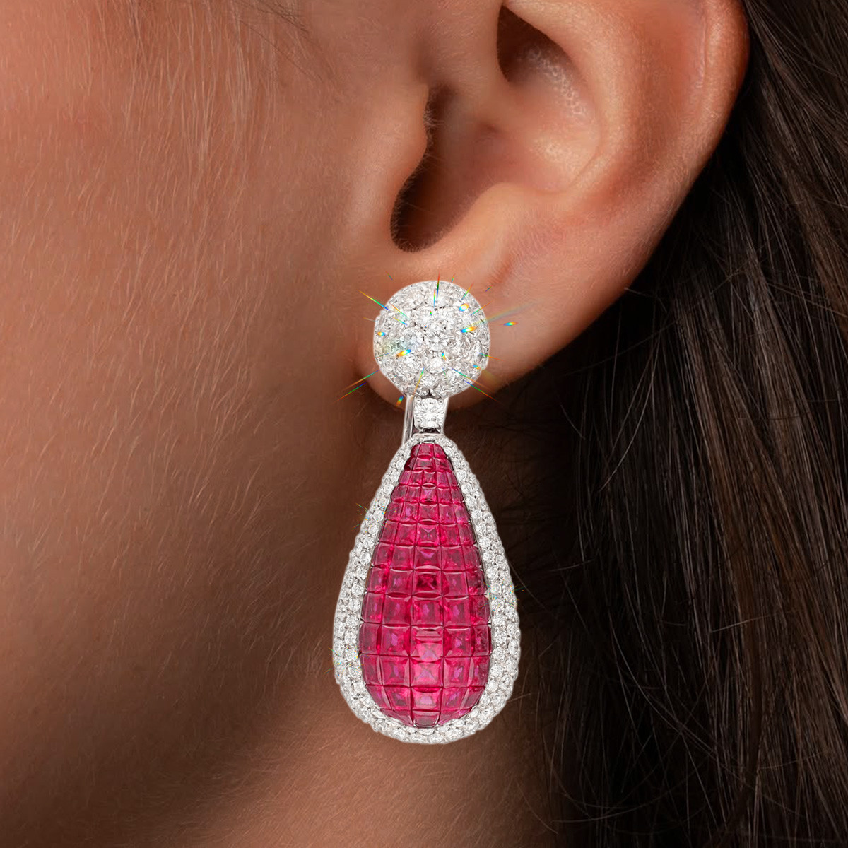 15ctw Vintage Princess Cut Ruby Invisible Setting Earrings | SayaBling