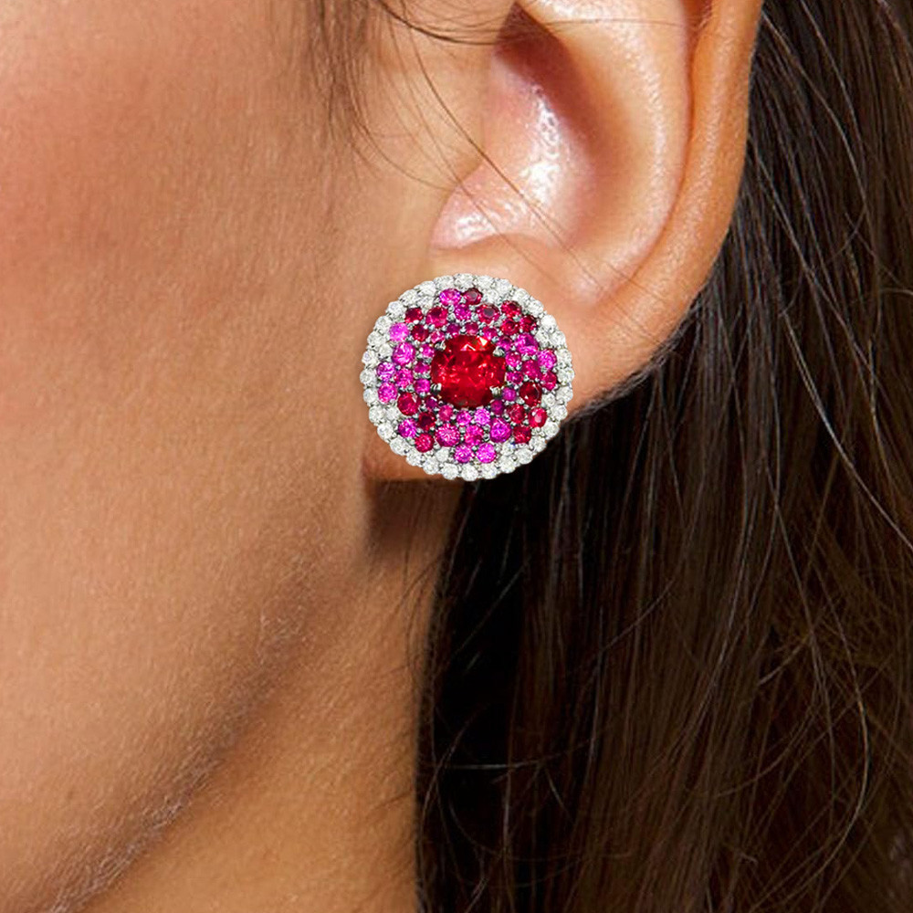 6ctw Pink Sapphire and Ruby Clustered Flower Stud Earrings | SayaBling