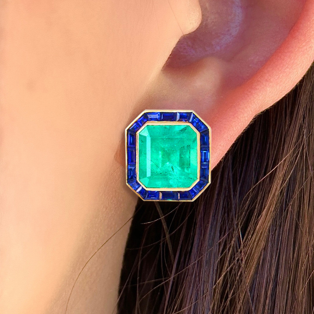 22ctw Asscher Cut Emerald Sapphire Halo Stud Earrings | SayaBling