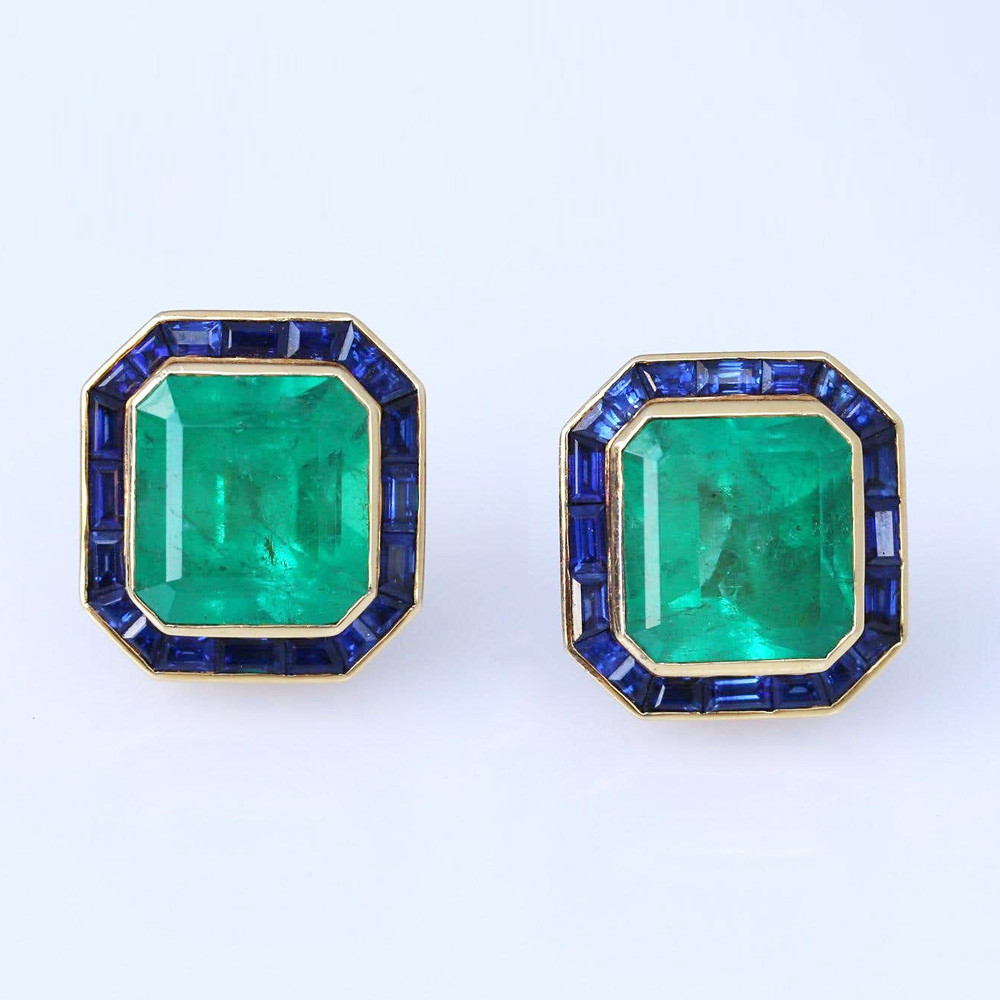 22ctw Asscher Cut Emerald Sapphire Halo Stud Earrings | SayaBling