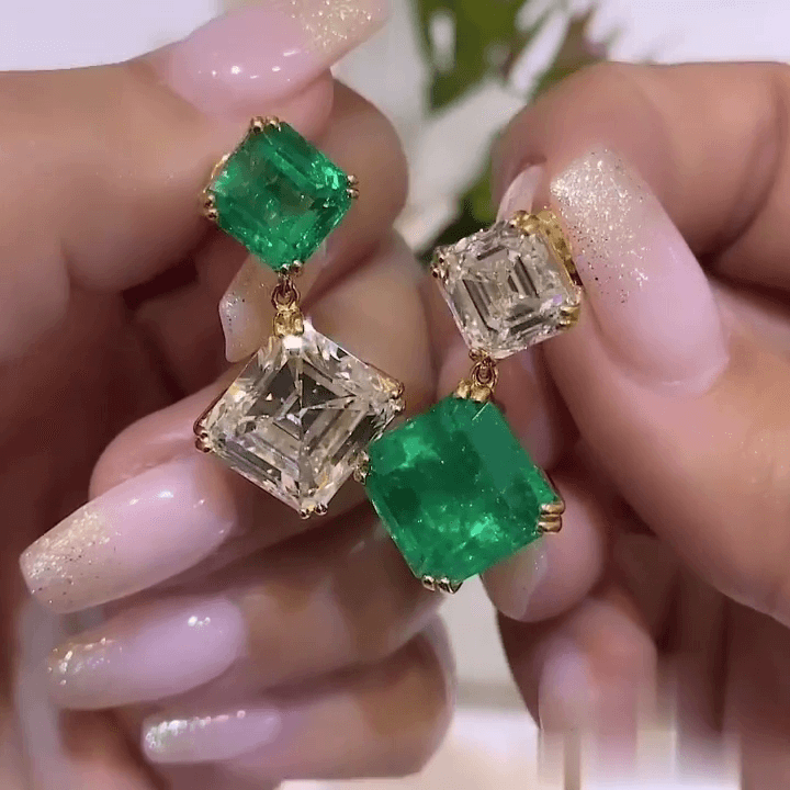 Asscher Cut Emerald & White Sapphire Mismatch Drop Earrings | SayaBling ...