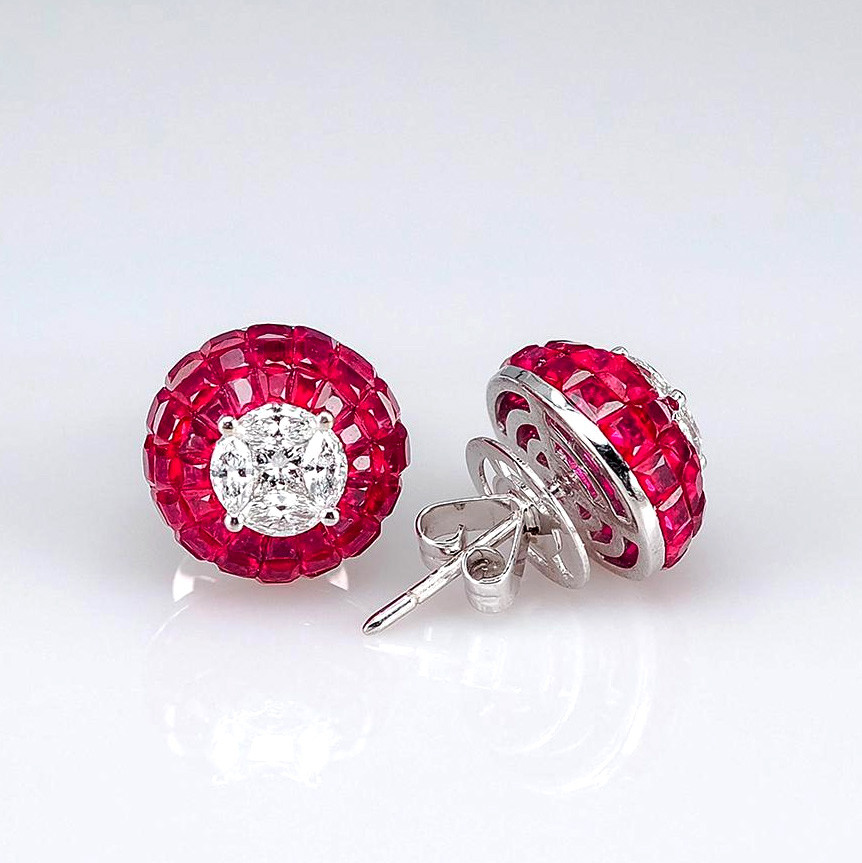 Princess Cut Ruby and White Sapphire Stud Earrings | SayaBling Jewelry