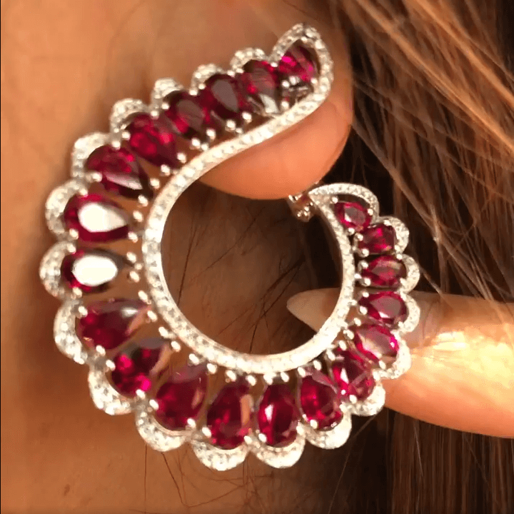 14ctw Pear Cut Ruby & White Sapphire Drop Earrings | SayaBling Jewelry