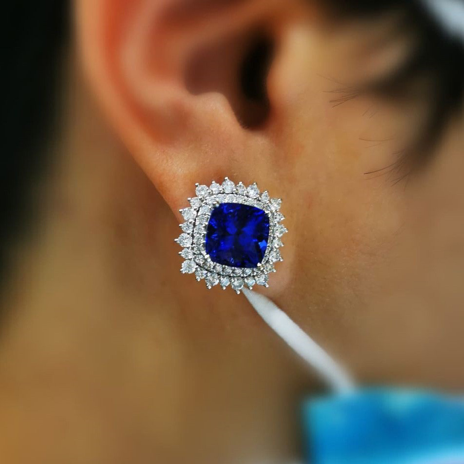 10CTW Halo Cushion Cut Sapphire Stud Earrings | SayaBling Jewelry
