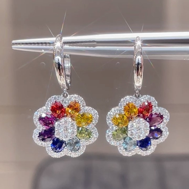 26ctw Oval Cut Multicolor Sapphire Rainbow Flower Drop Earrings | SayaBling