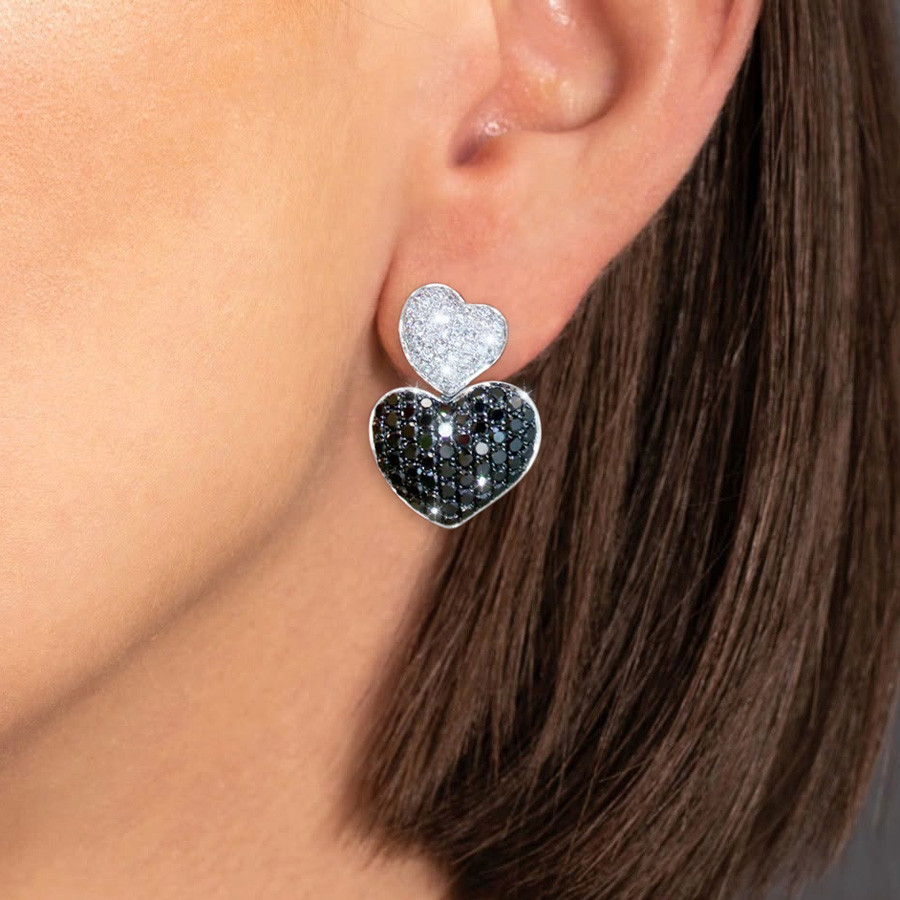 Paved White-Black Sapphire Heart Earrings | SayaBling