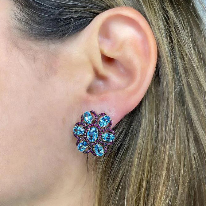 Ruby and Aquamarine Statement Flower Earrings | SayaBling