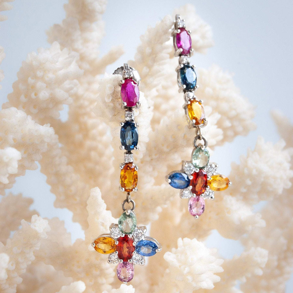 Multi-color Sapphire Flower Pendant Earrings | SayaBling