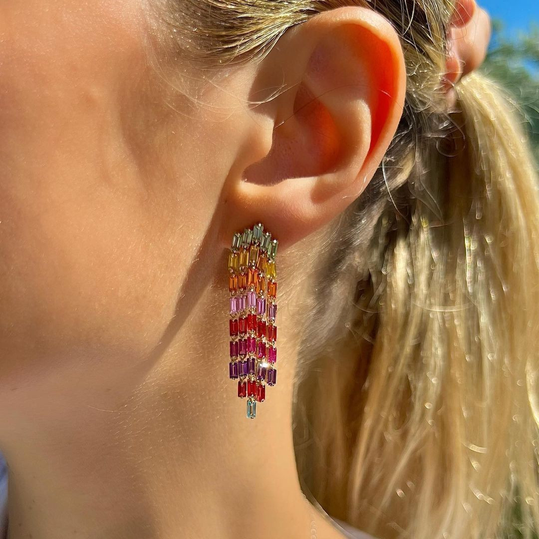 Multicolor Sapphire Fringe Statement Earrings | SayaBling Jewelry