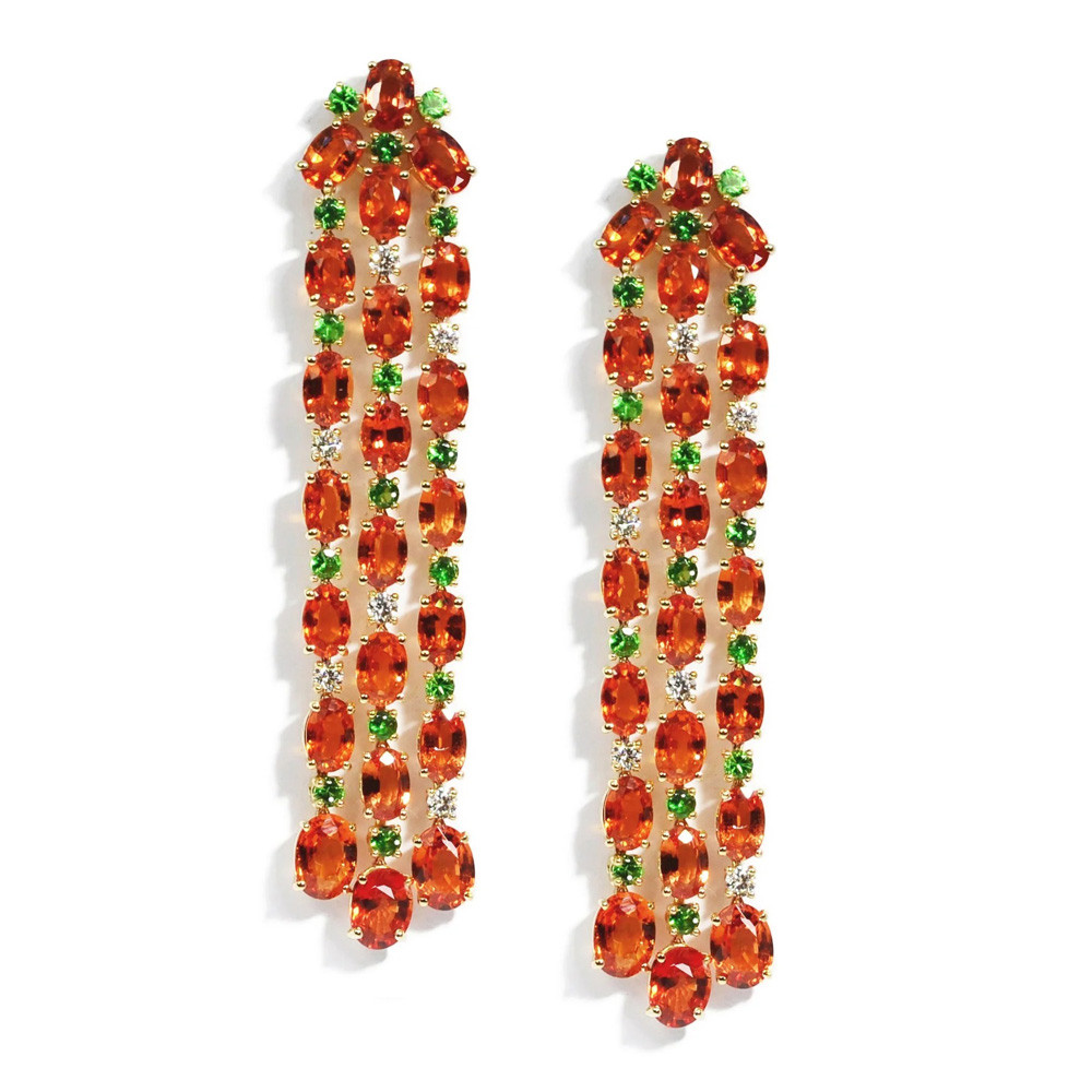 Ruby and Orange Sapphire Fringe Chandelier Earrings | SayaBling